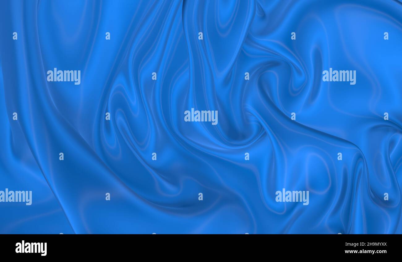 Beautiful flowing fabric flying in the wind. Blue wavy silk or satin ...