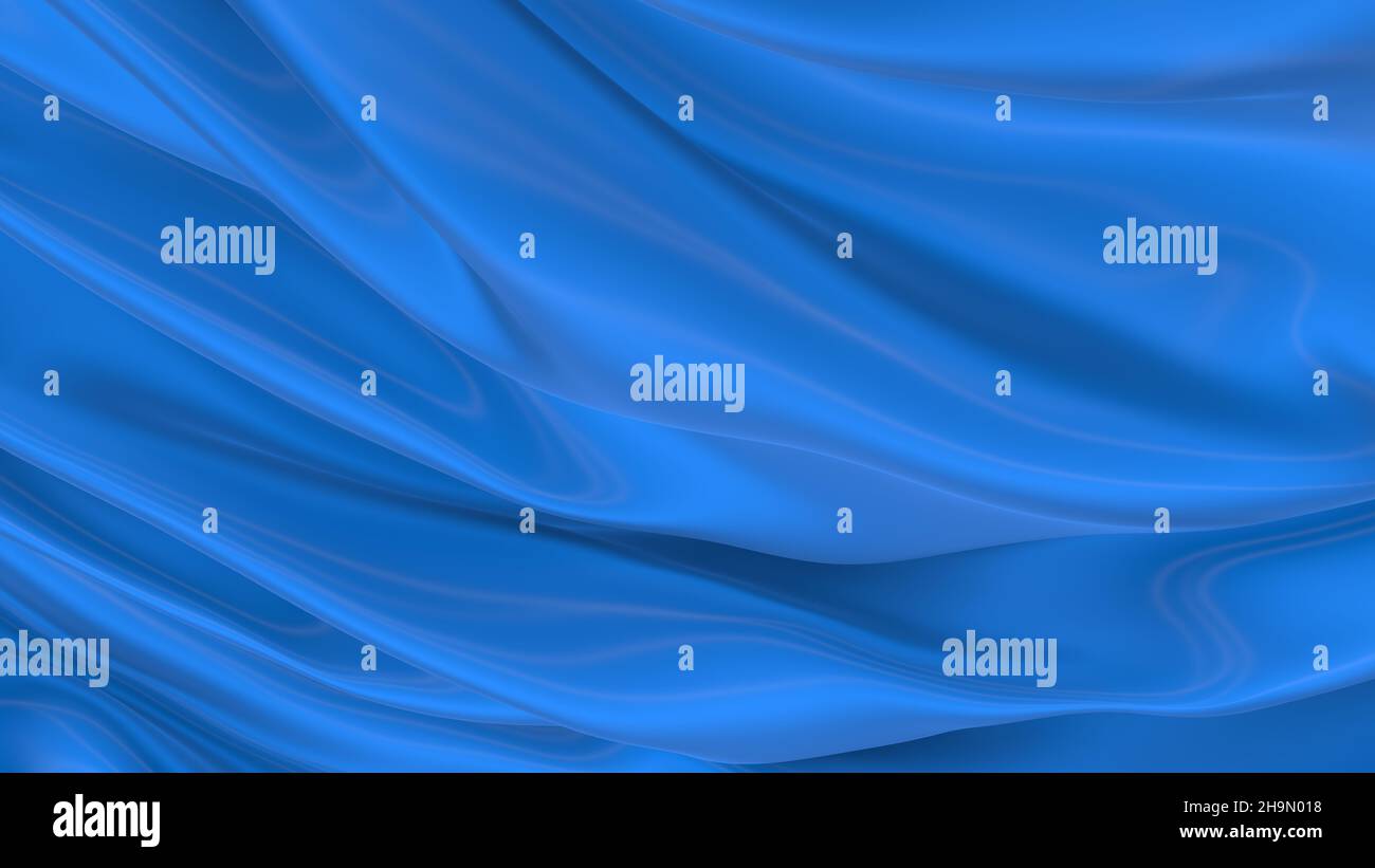 Beautiful flowing fabric flying in the wind. Blue wavy silk or satin ...