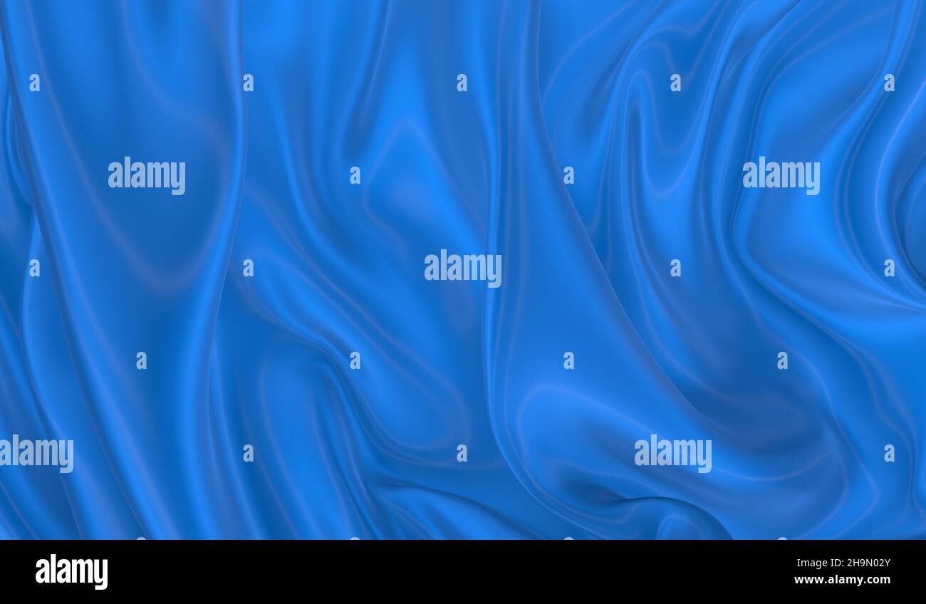 Beautiful flowing fabric flying in the wind. Blue wavy silk or satin ...