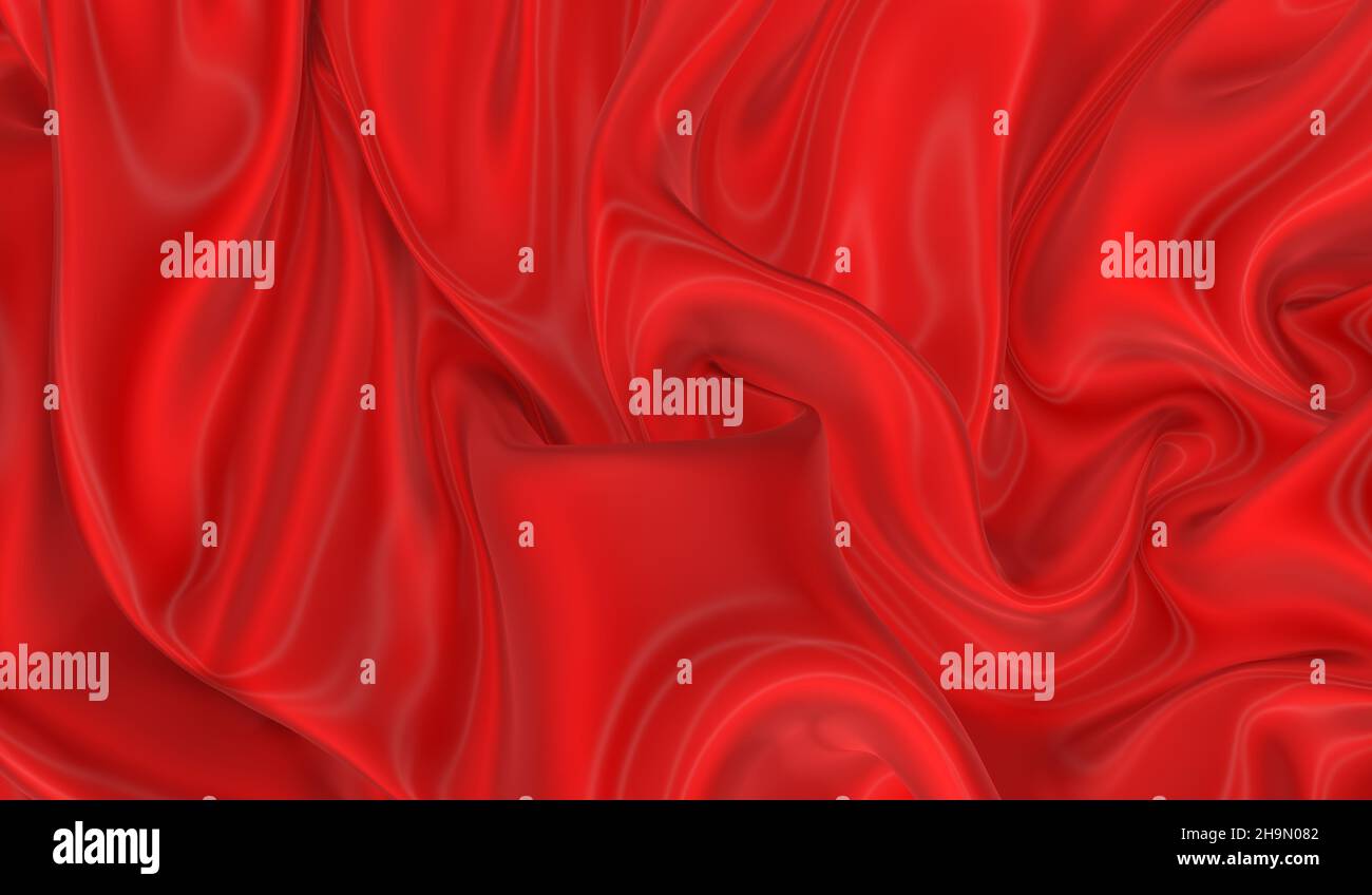 Beautiful flowing fabric flying in the wind. Red wavy silk or satin ...