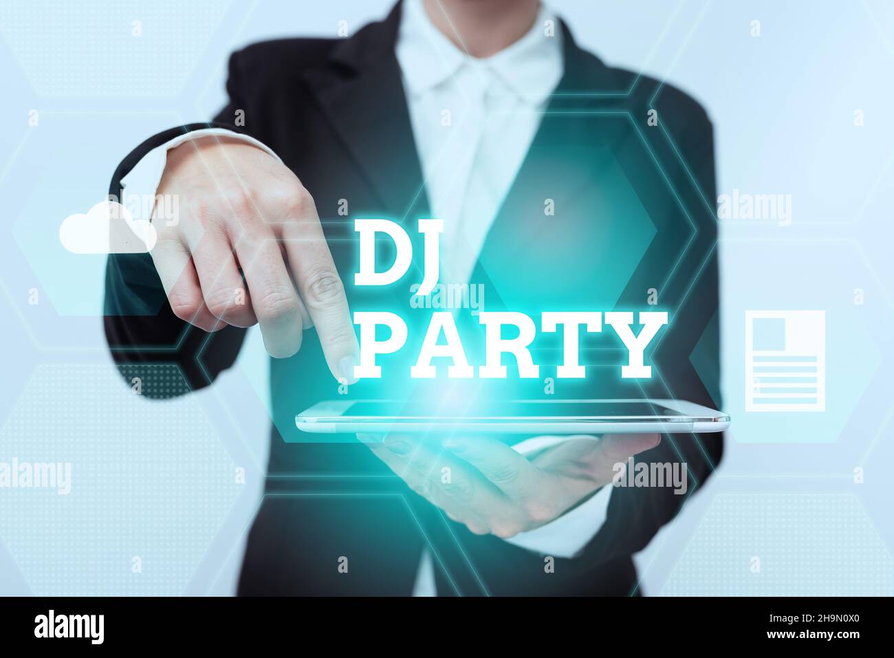 Hand writing sign Dj Party. Business showcase person who introduces and ...