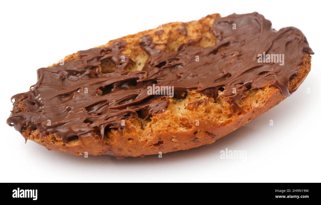 Toast biscuit with chocolate cream over white background Stock Photo ...