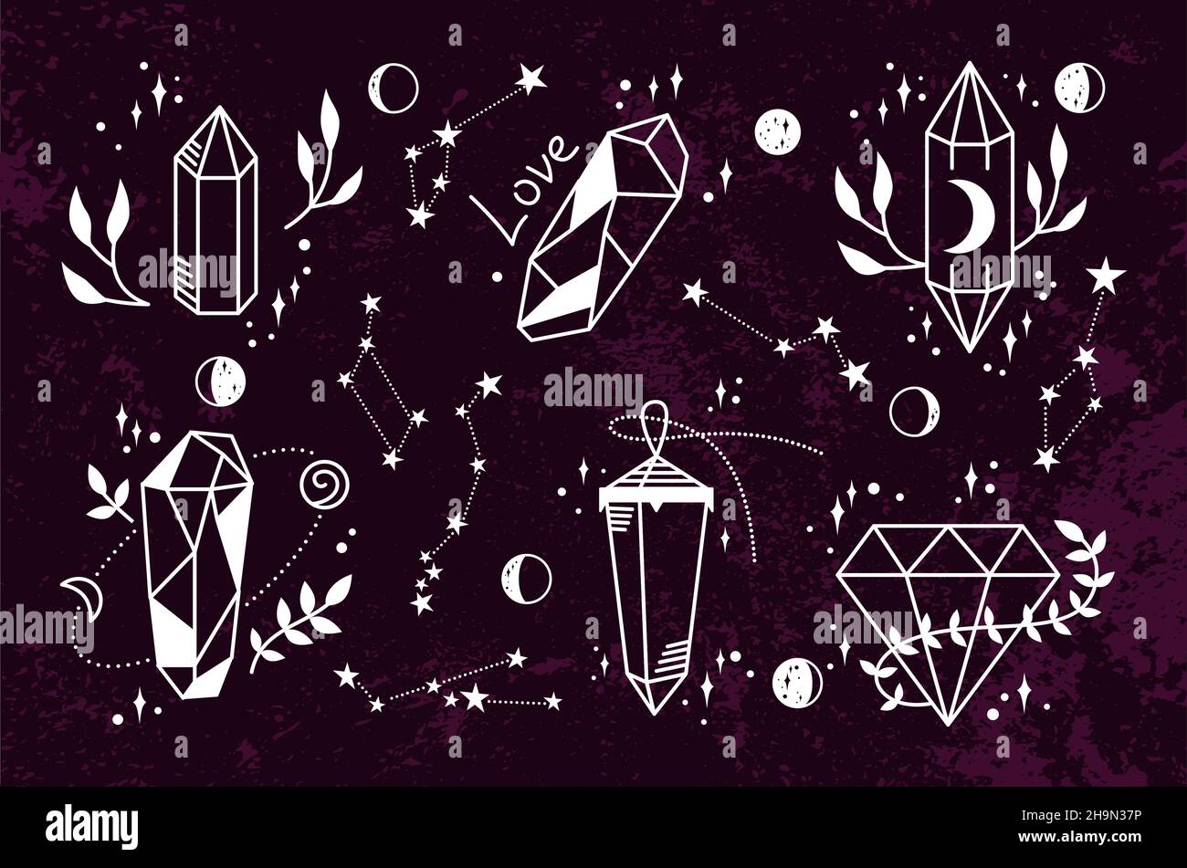 Crystal mystic witch magic symbol doodle set. Astrology, esoteric, boho elements, magic ...
