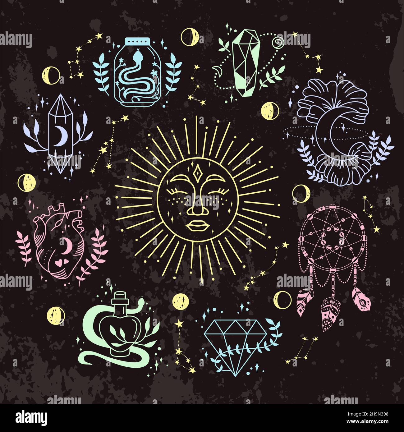 Mystic and astrology, witch magic occult symbols around sun. Esoteric doodle boho elements ...