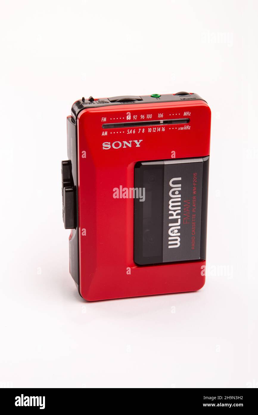 HUETTENBERG, GERMANY - 2021-04-07: Beautiful red vintage SONY WALKMAN ...