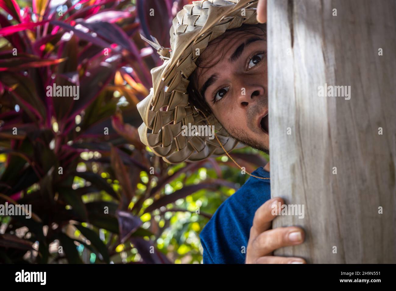 Young man hiding behind tree hi-res stock photography and images - Alamy