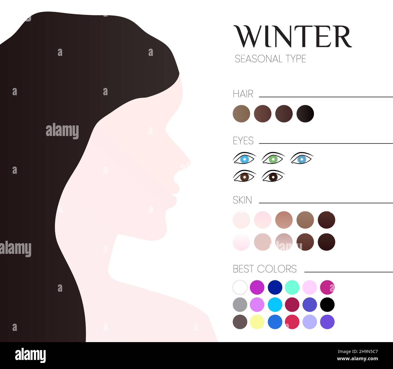 Seasonal Color Analysis for Winter Type. Illustration with Woman Stock ...
