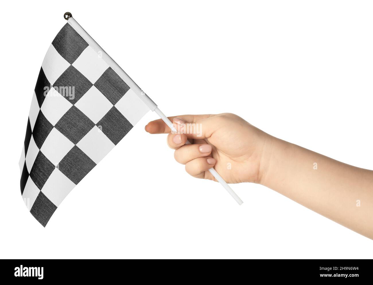 Female hand with racing flag isolated on white Stock Photo - Alamy