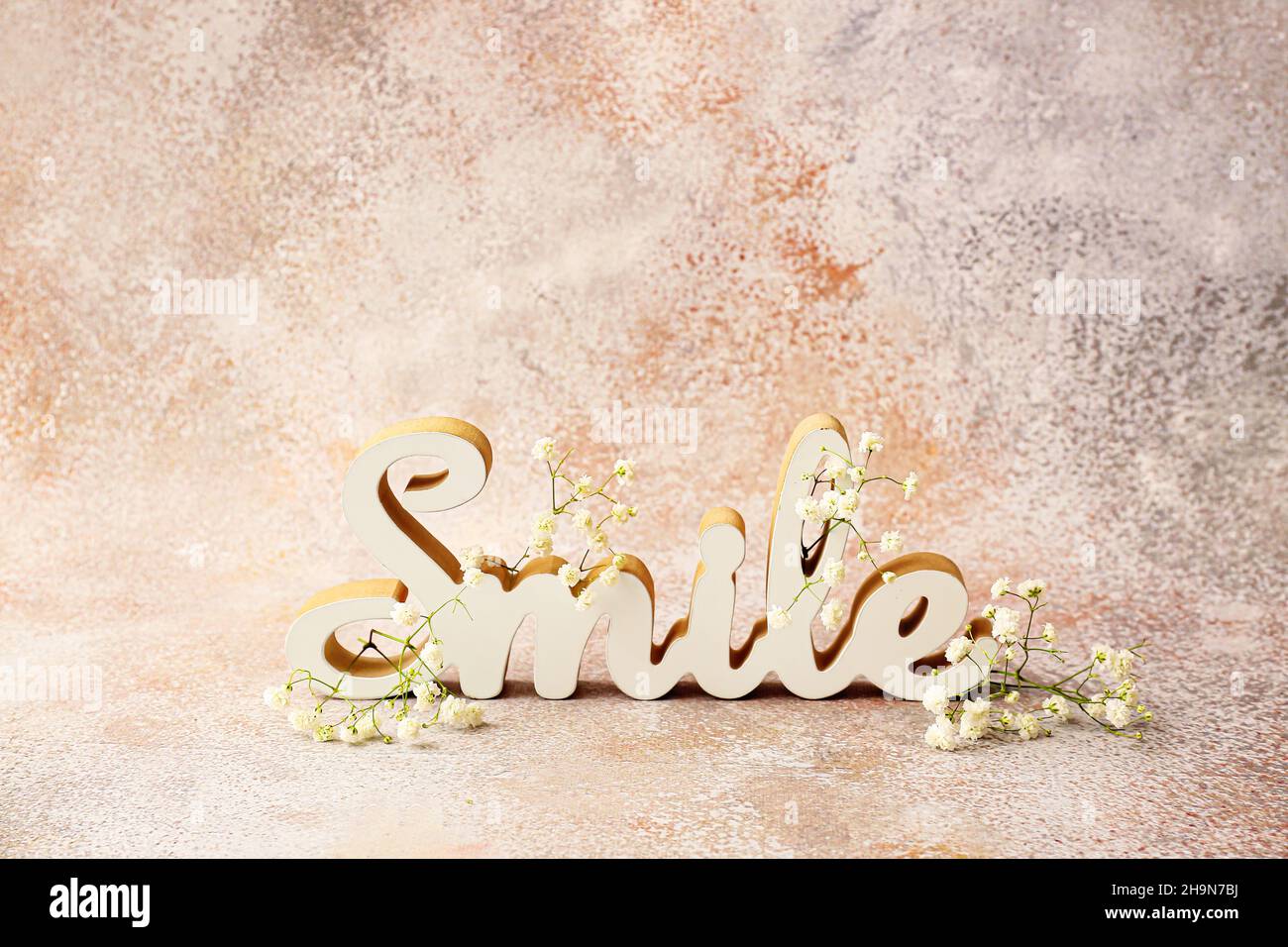Word SMILE and beautiful gypsophila flowers on color background Stock ...