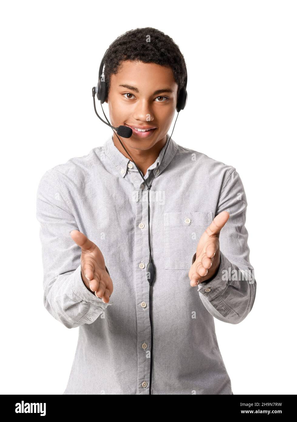 African-American technical support agent on white background Stock ...