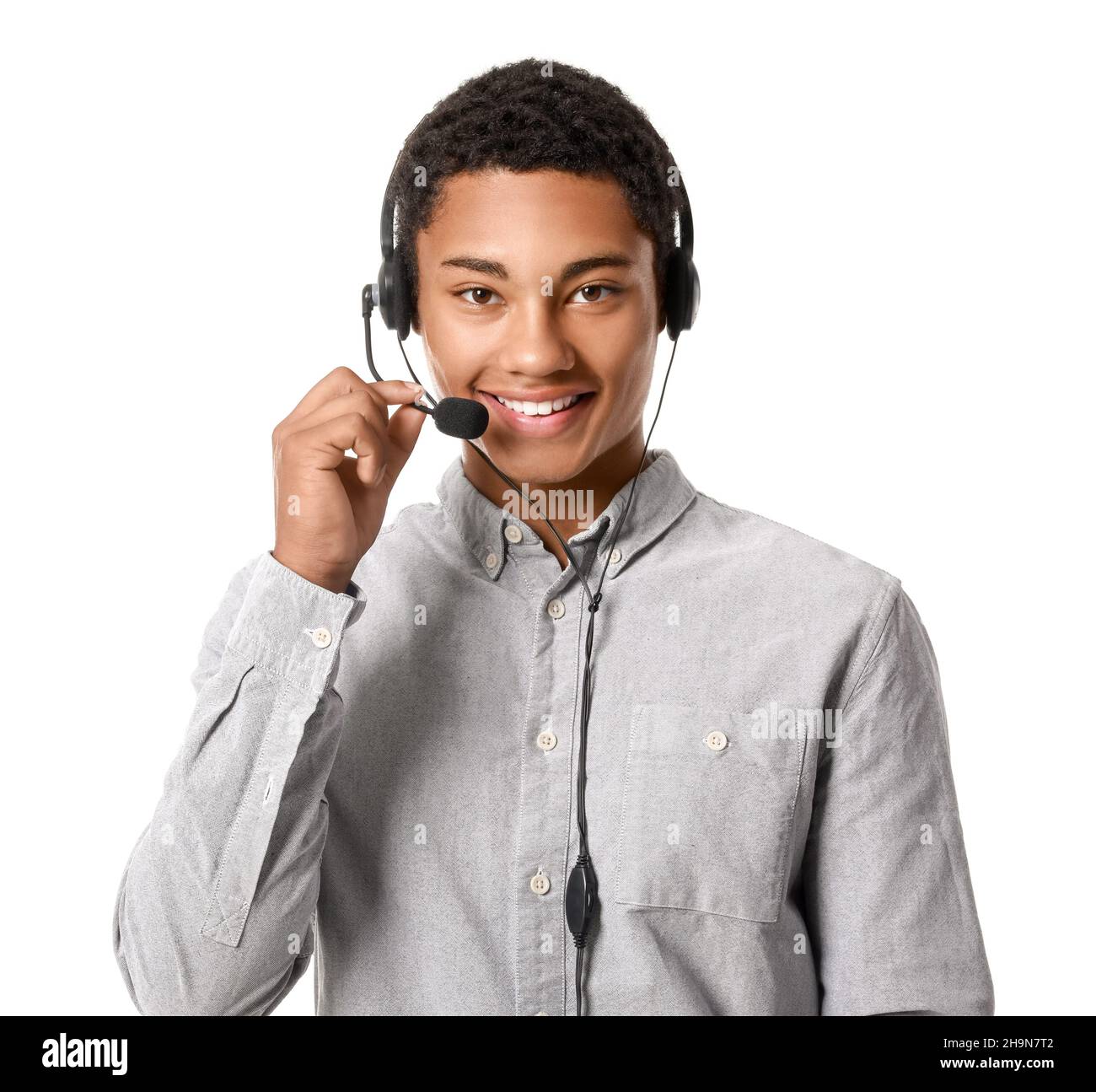 African-American technical support agent on white background Stock ...