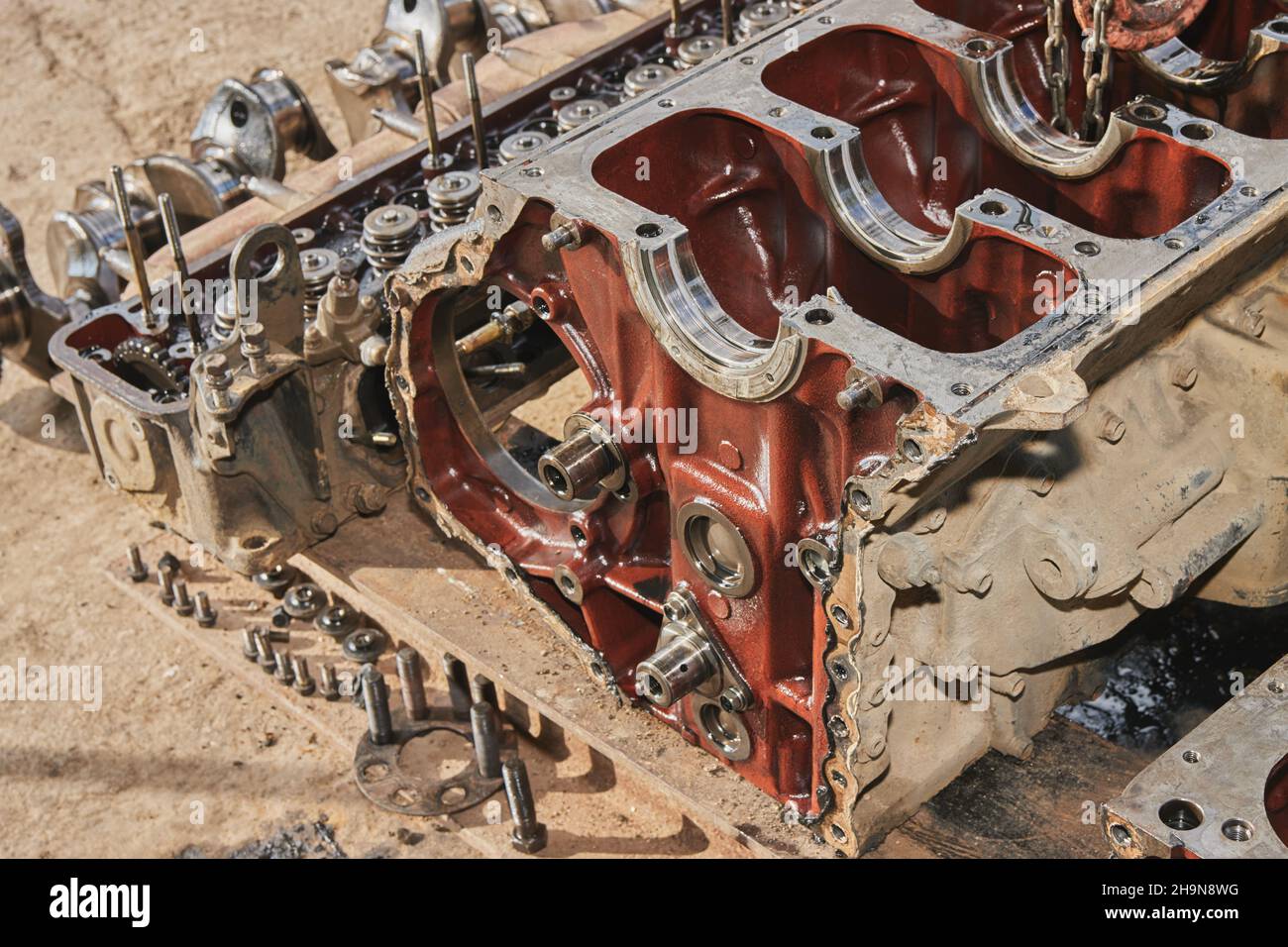 Cylinder Block and Cylinder Head and Crankshaft and Bolt on Concrete ...