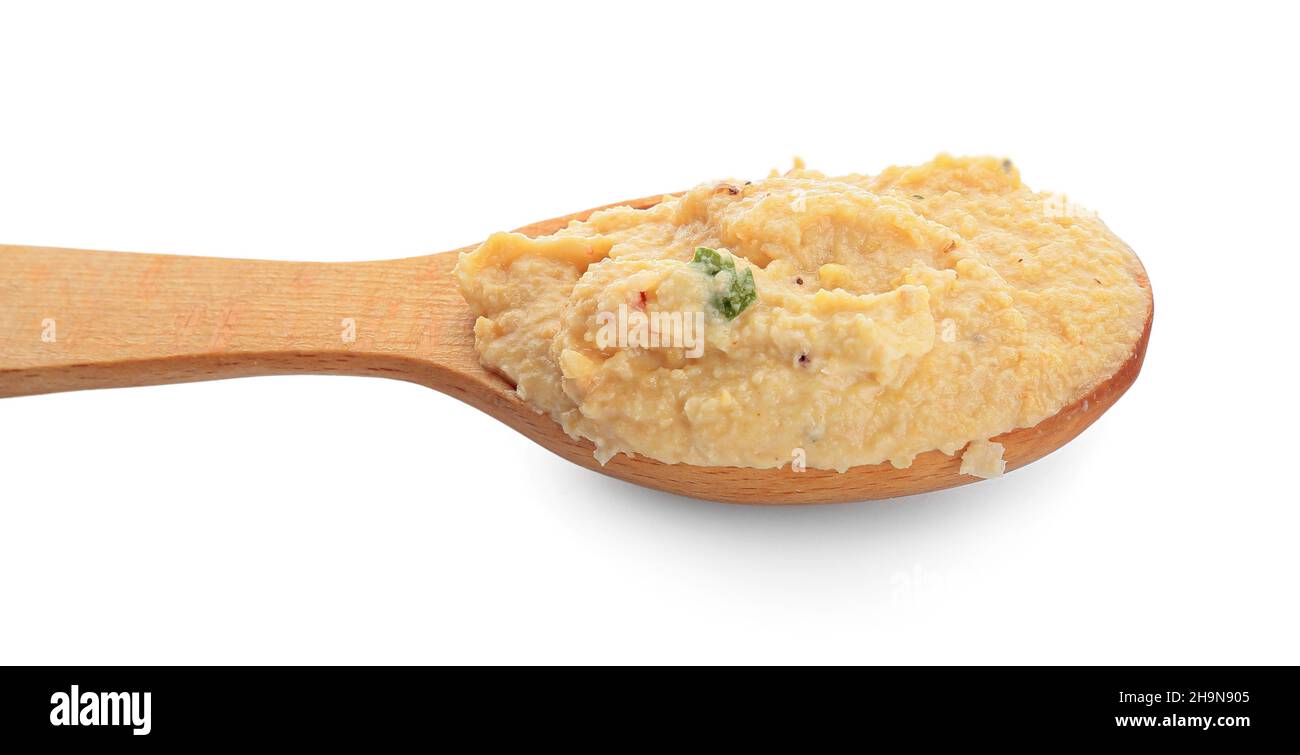 Spoon with delicious hummus on white background Stock Photo - Alamy
