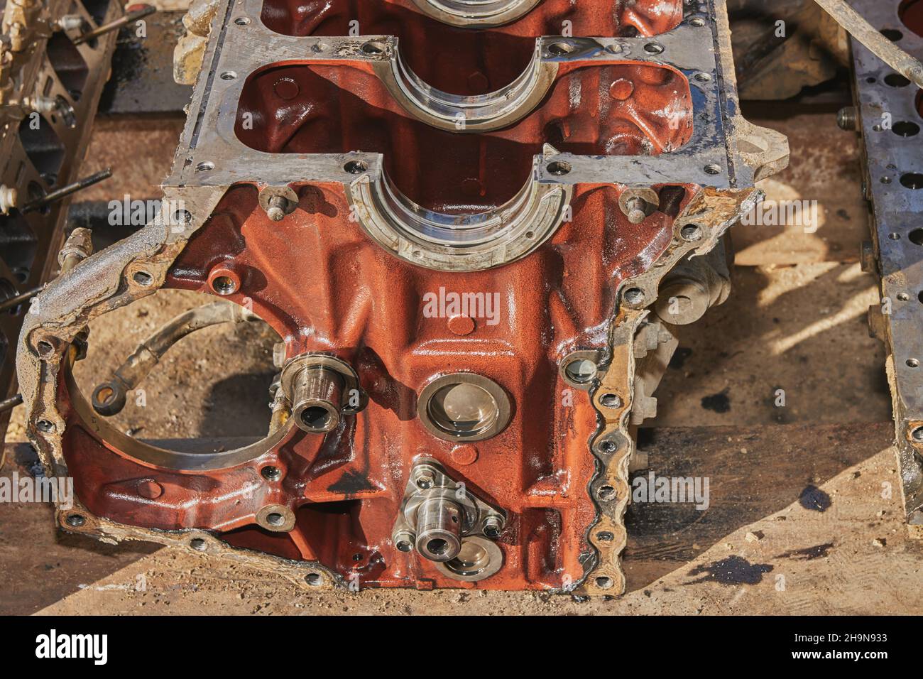 High Angle View Cylinder Block of Truck Engine and Engine Oil Stain ...