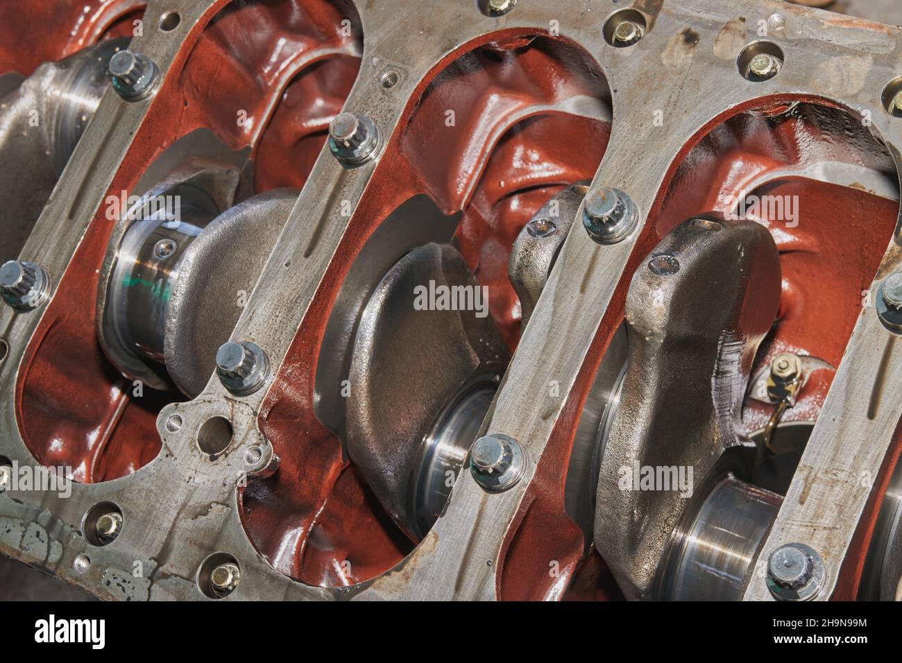 Medium Shot Cylinder Block and Crankshaft and Bolt and Engine Oil Stain ...