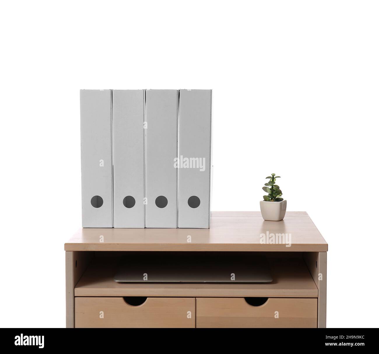 Stand-up desk with folders and houseplant on white background Stock ...