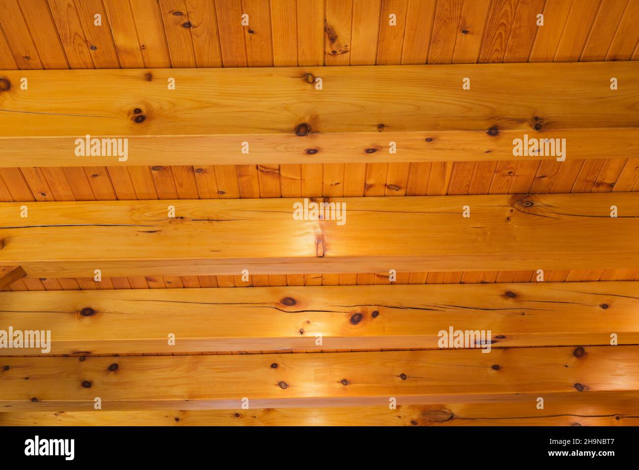 Ceiling made up of oiled Eastern white pine timber beams and narrow ...