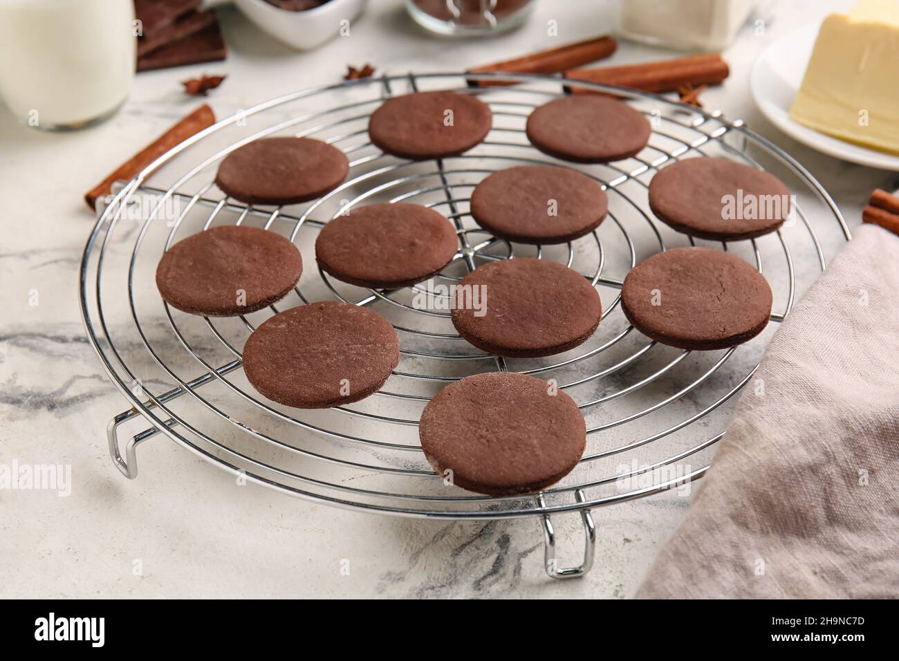 Grid with tasty chocolate cookies on white marble background Stock ...