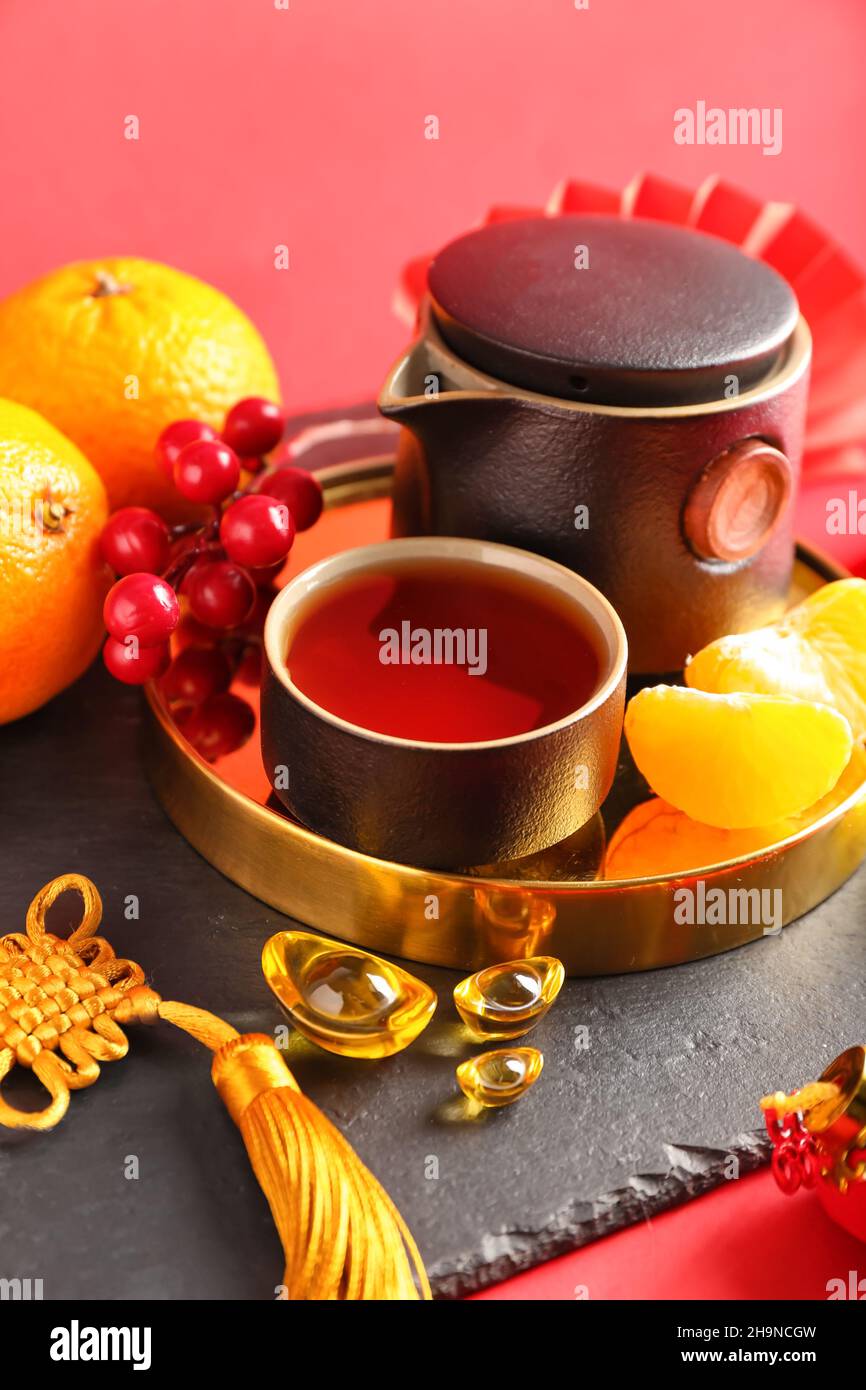 Traditional tea with Chinese symbols on color background Stock Photo ...