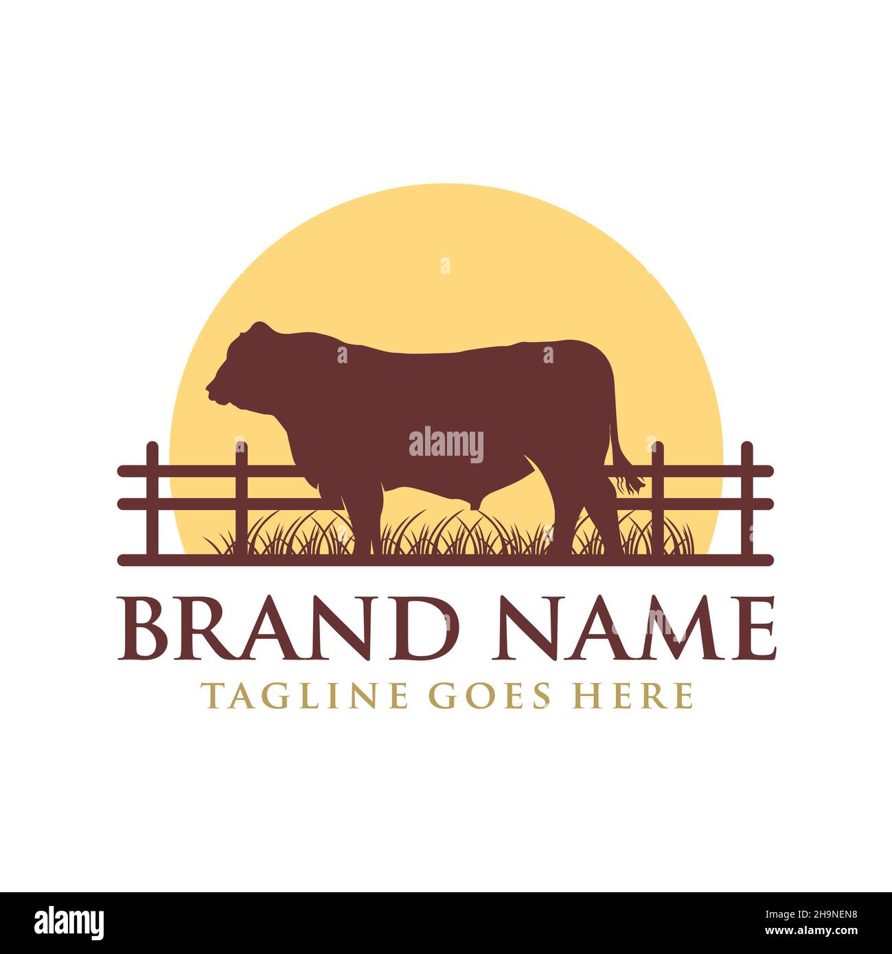 logo design angus cow on grass and sun Stock Photo - Alamy