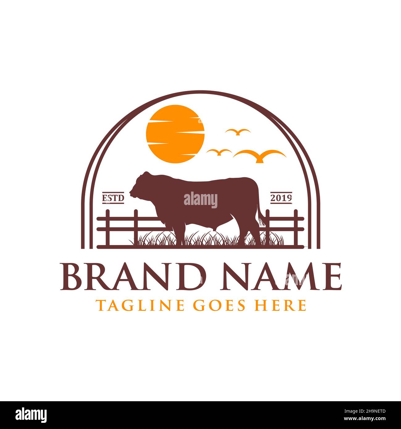 logo design angus cow on grass and sun Stock Photo - Alamy