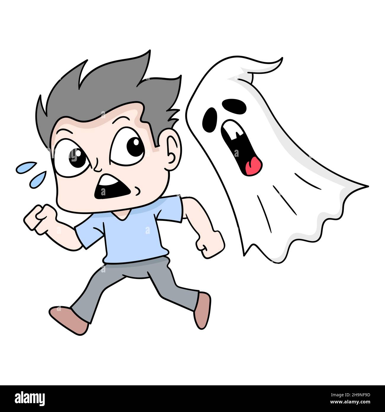 boy running scared being chased by a flying ghost, vector illustration ...