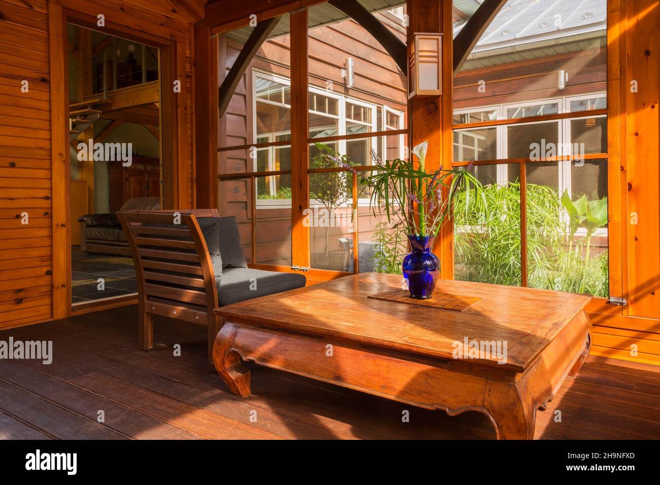 Wooden sofa chair with grey cushions, Indonesian teak wood coffee-table ...