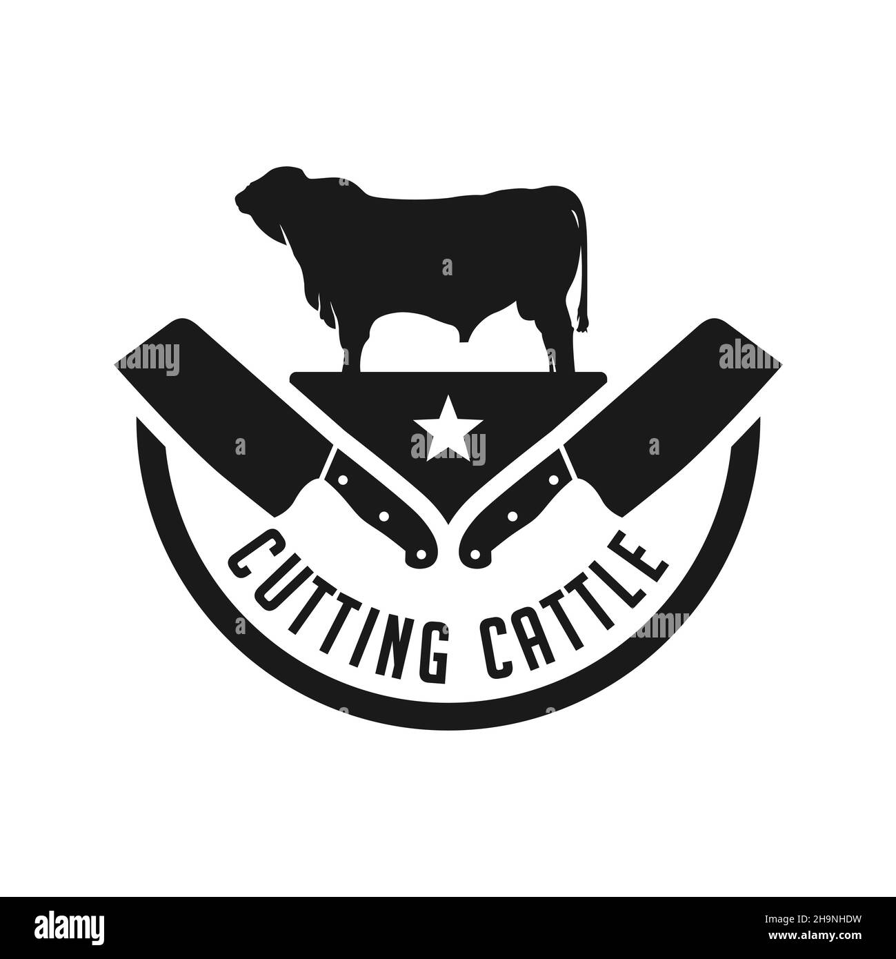 vintage farm logo and angus cattle cutting Stock Photo - Alamy