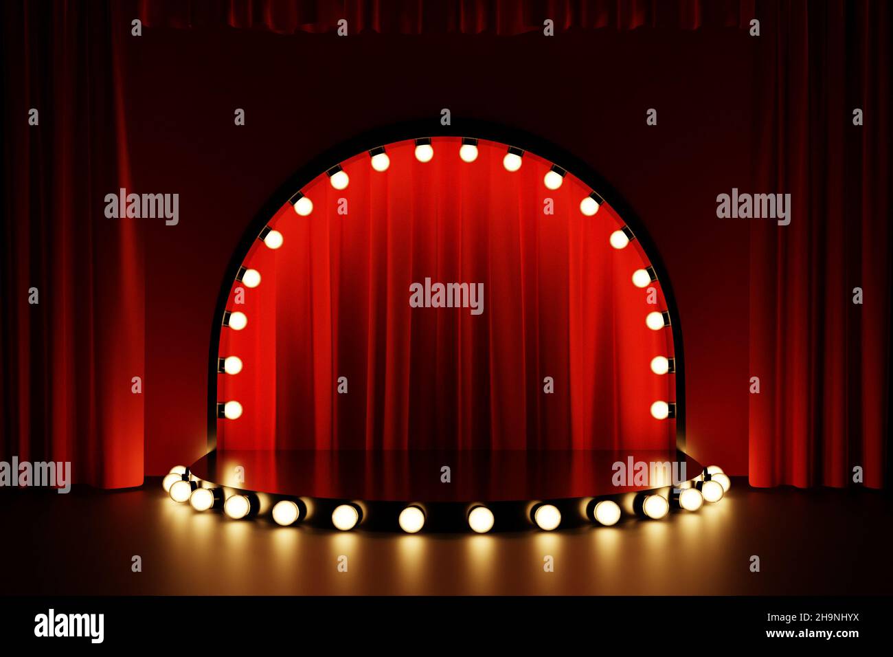 3d illustration of a scene from a circle with red theater curtains from ...