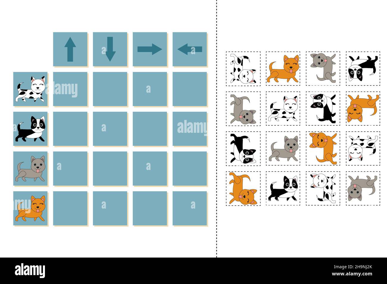Match cartoon dogs and directions up, down, left and right. Educational ...
