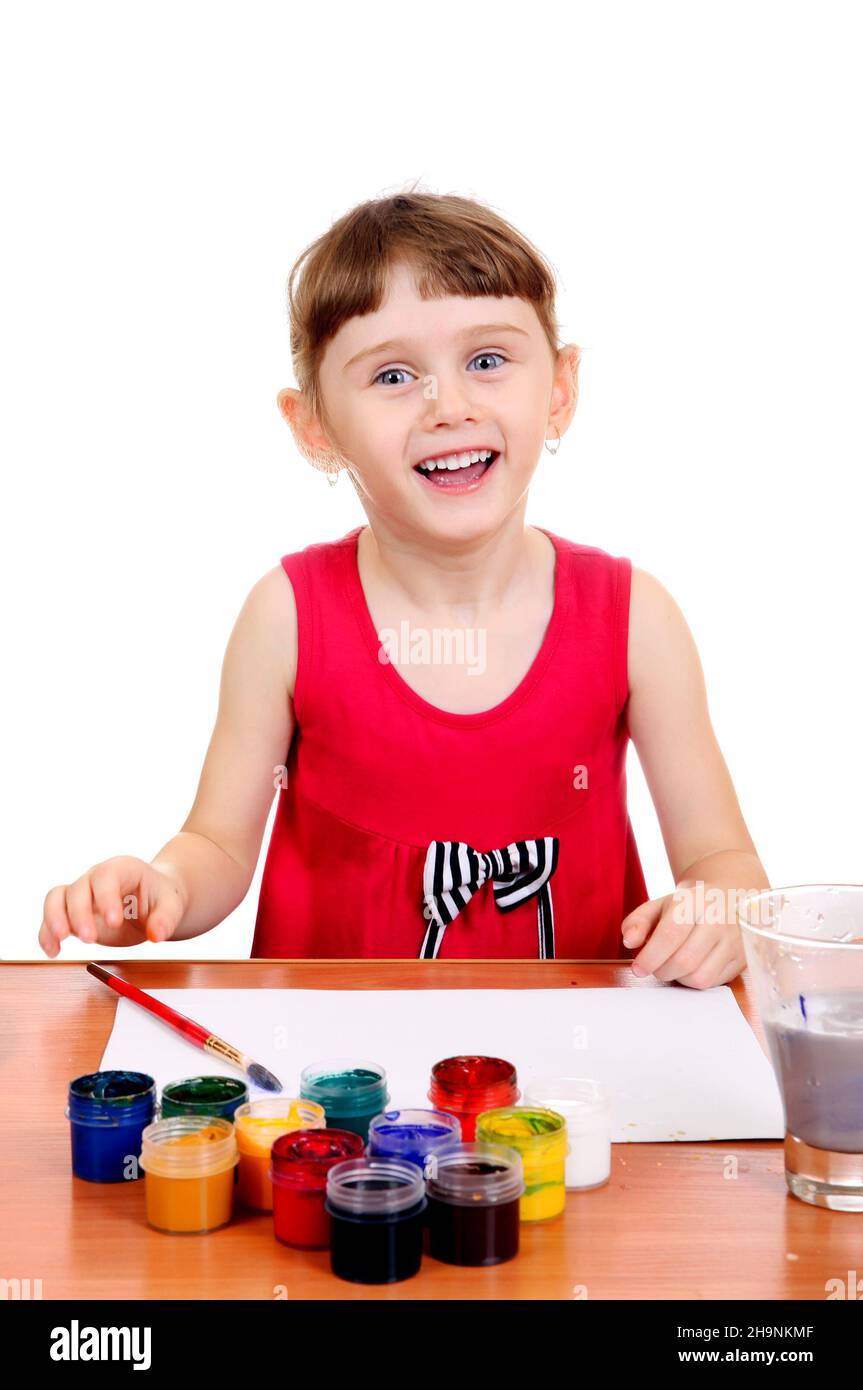 Cheerful Little Girl Drawing Isolated on the white background Stock ...