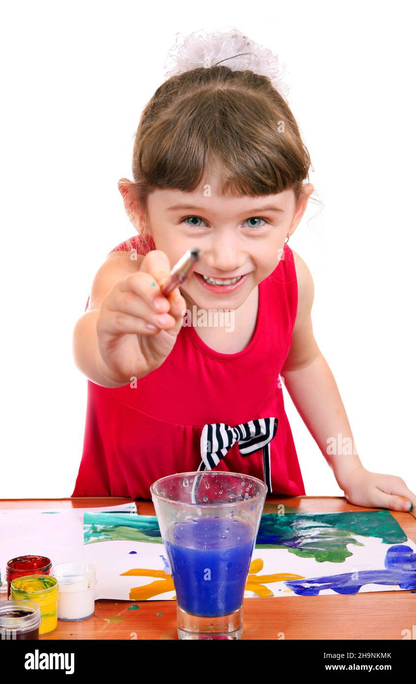 Cheerful Little Girl Drawing Isolated on the white background Stock ...
