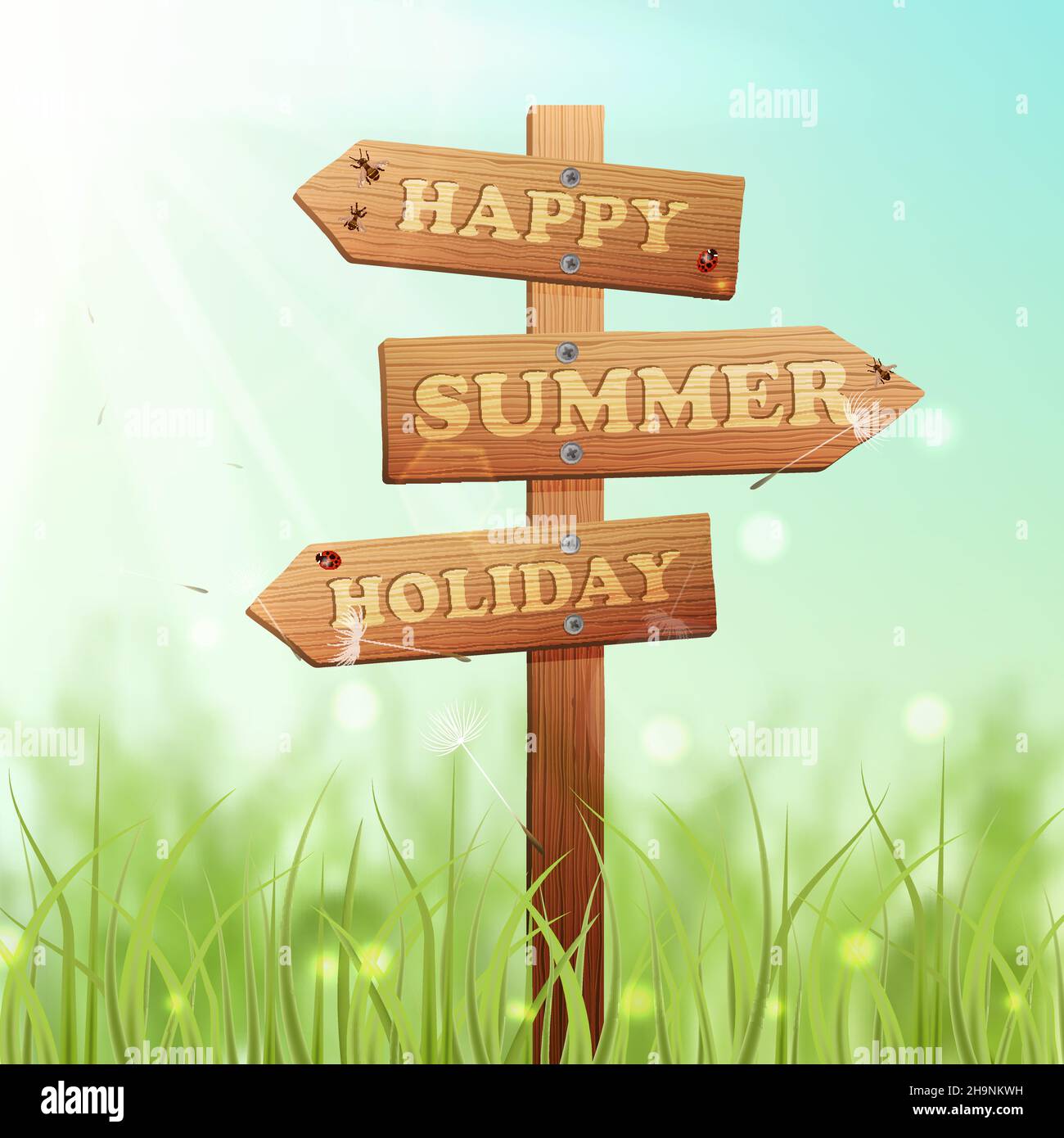 Wooden arrow information sign on summer meadow background vector ...