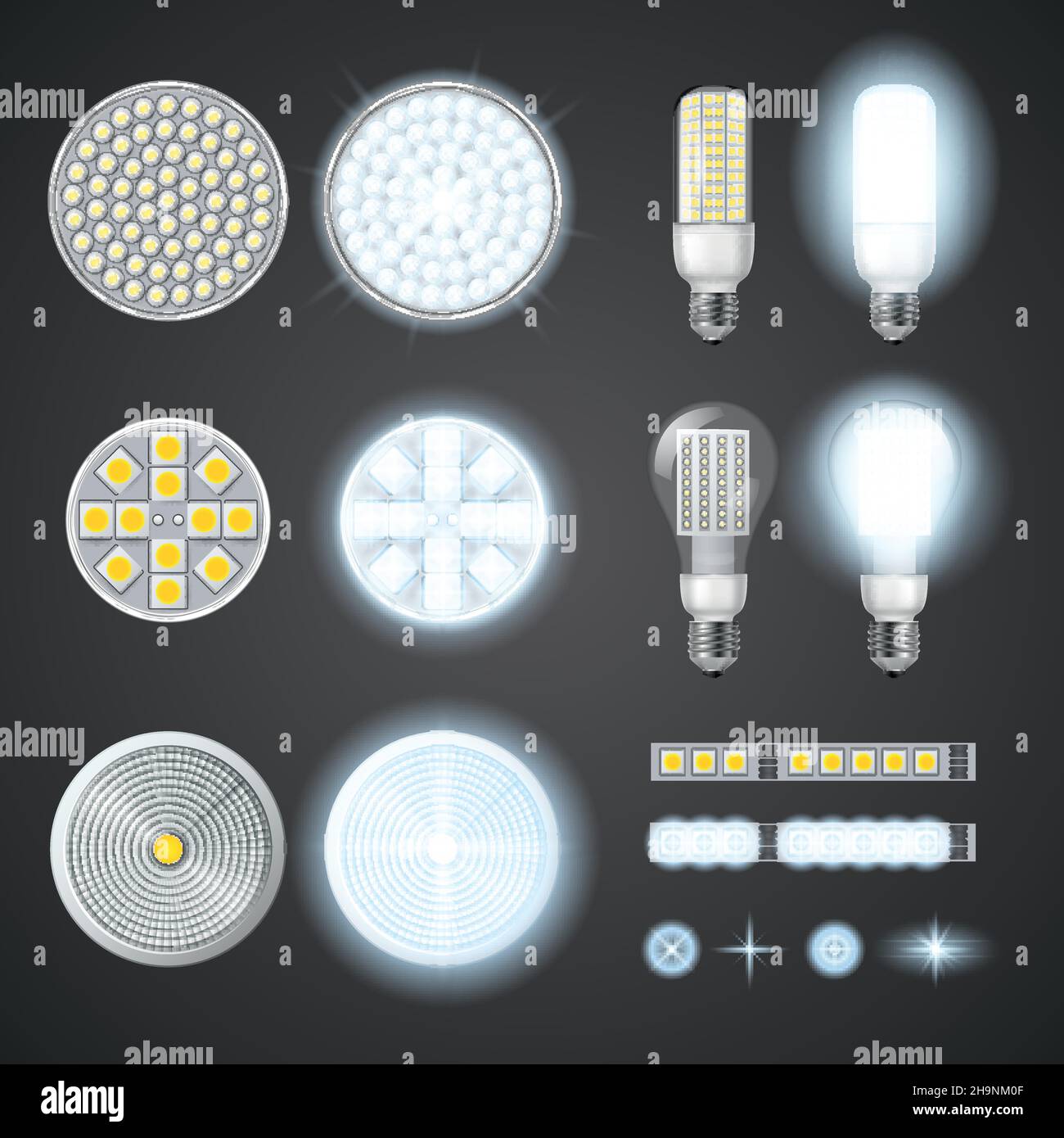Turned on and off led lamps and lights effects of different size and ...