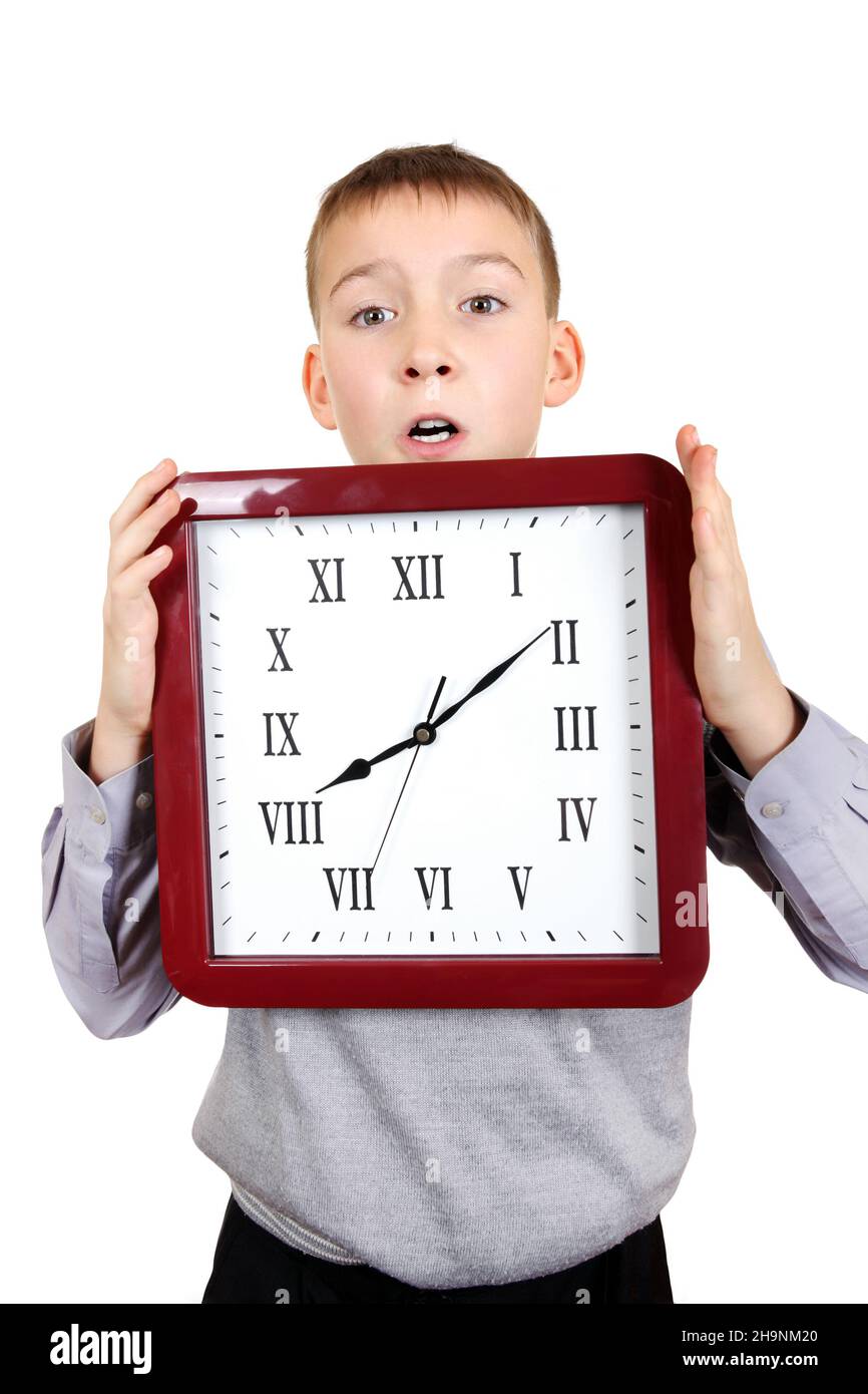 Kid with Big Clock Isolated on the White Background Stock Photo - Alamy
