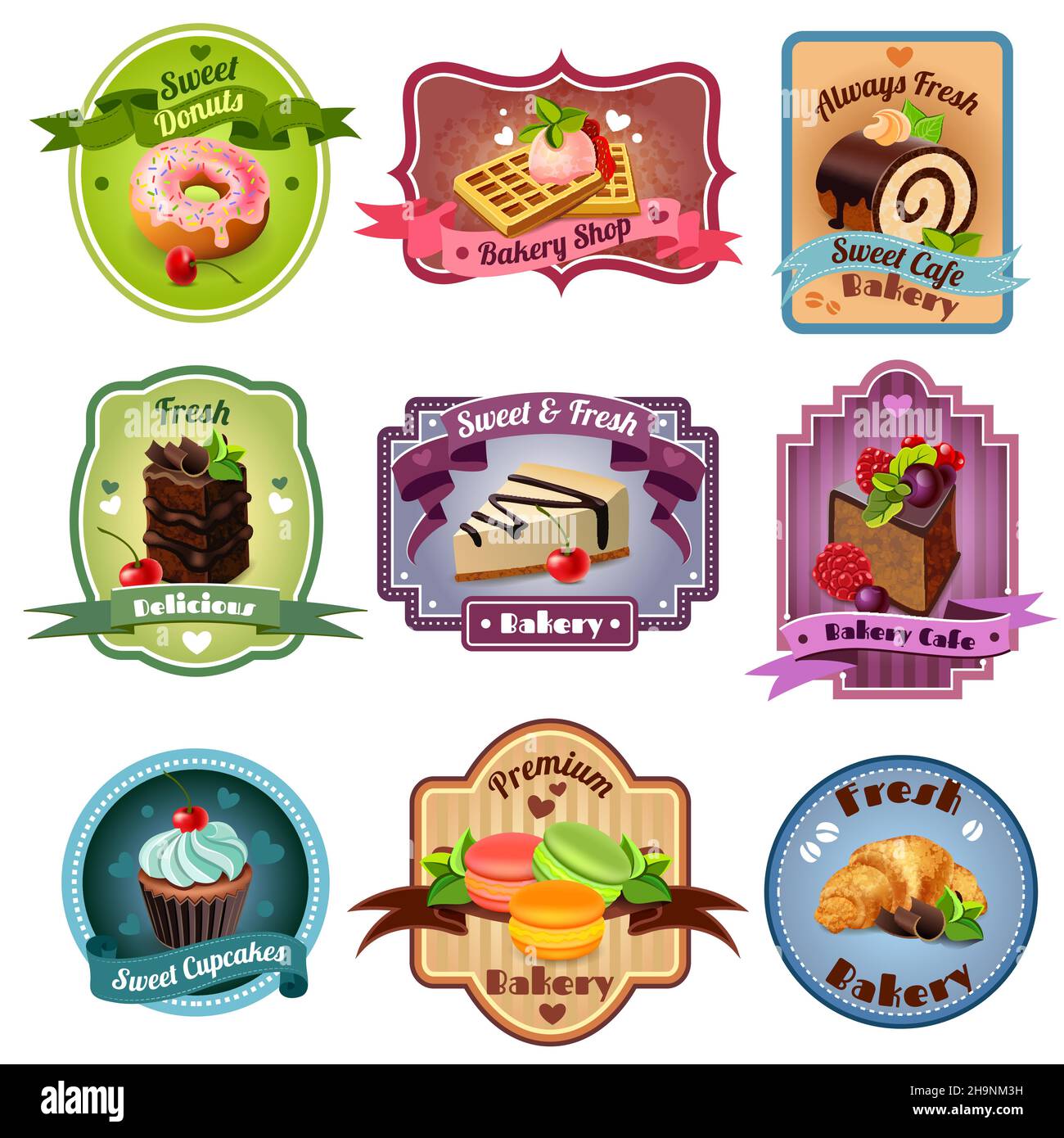 Premium quality bakery emblems set with sweets and pastry isolated vector illustration Stock ...