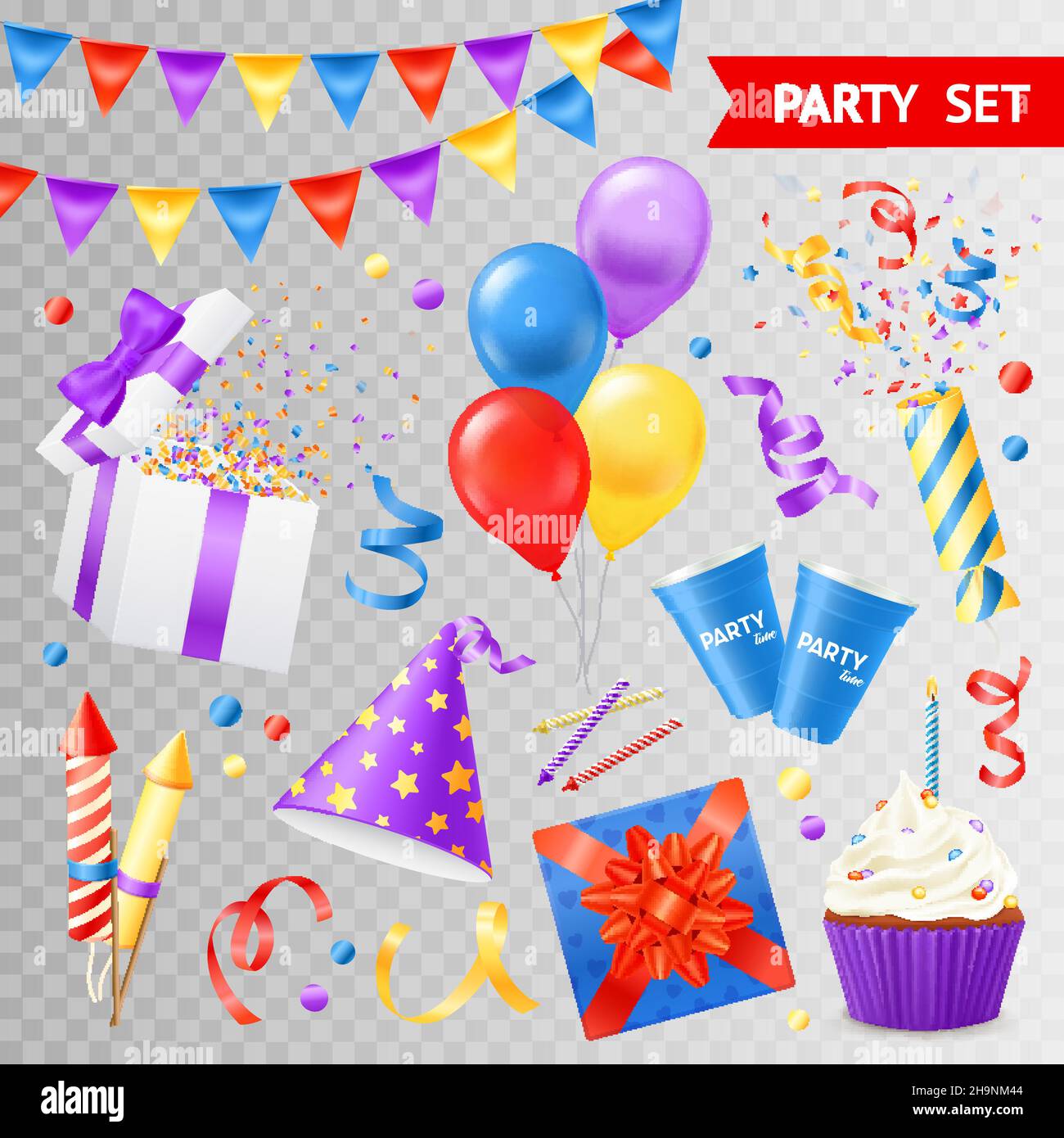 Colorful objects for parties and holidays set isolated on transparent ...