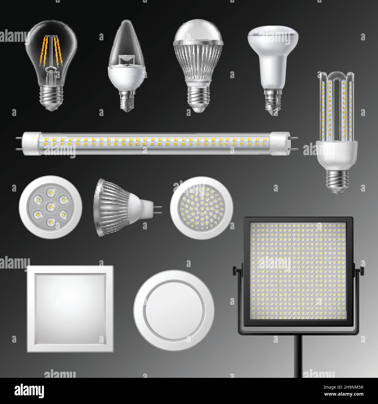Realistic led lamps of different size and shape set isolated vector ...