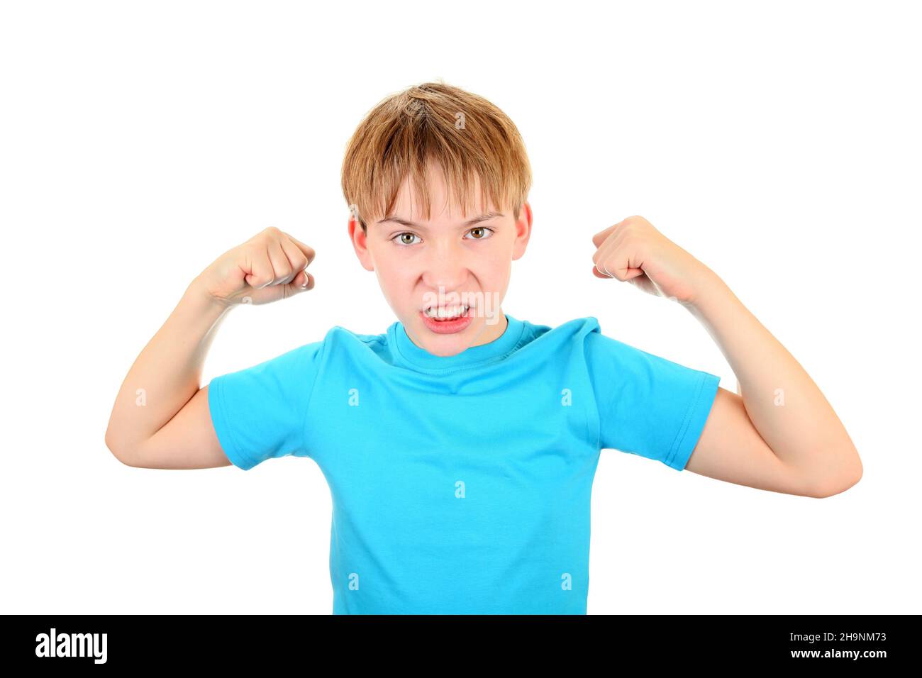 Angry Kid Muscle Flexing Isolated on the White Background Stock Photo ...