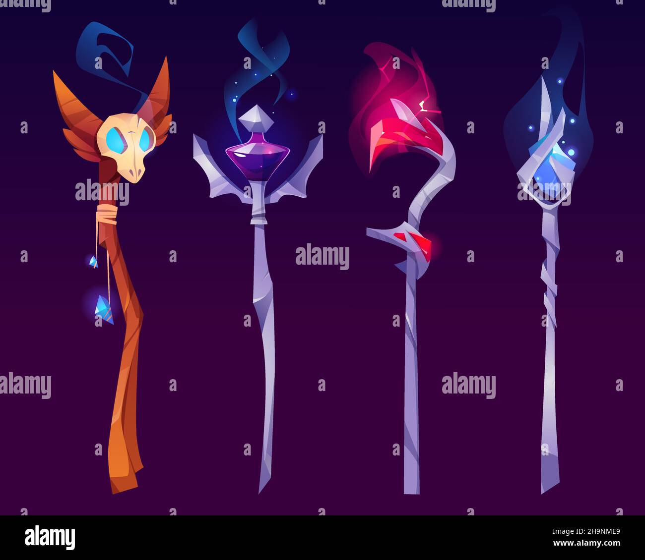 Magic staves for wizard or magician. Fantasy wooden and metal sticks ...