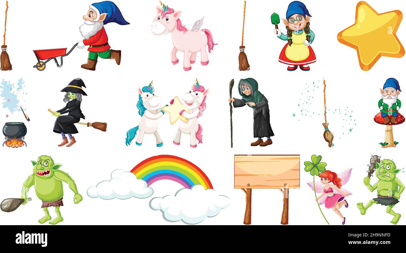 Set of fantasy fairy tale characters and elements illustration Stock ...