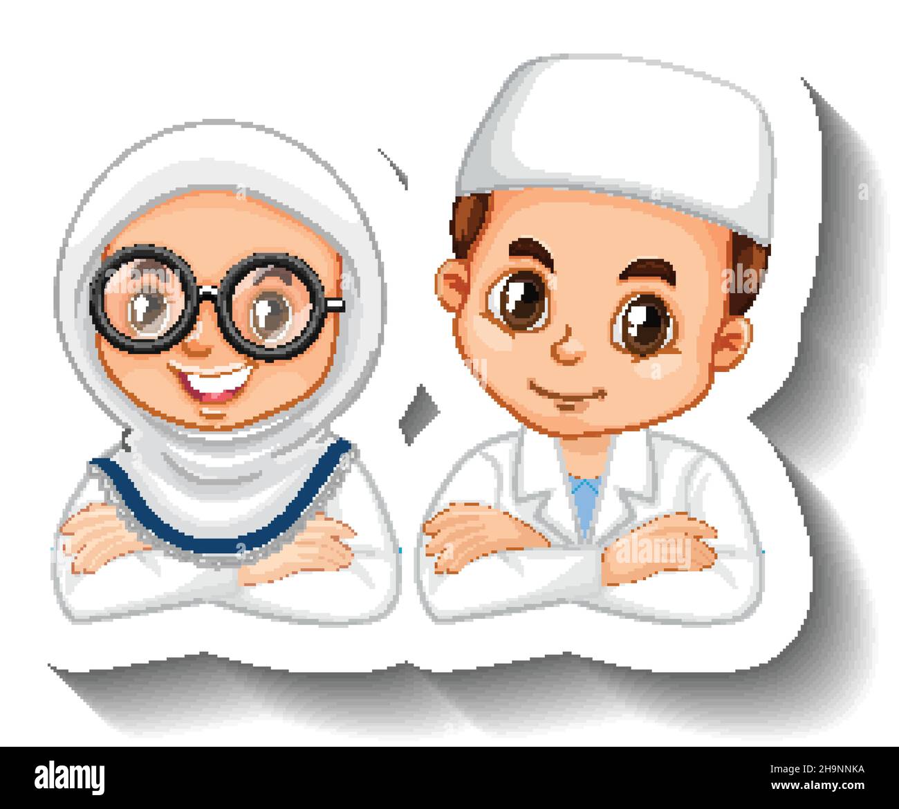 Scientist muslim kids cartoon character sticker illustration Stock ...