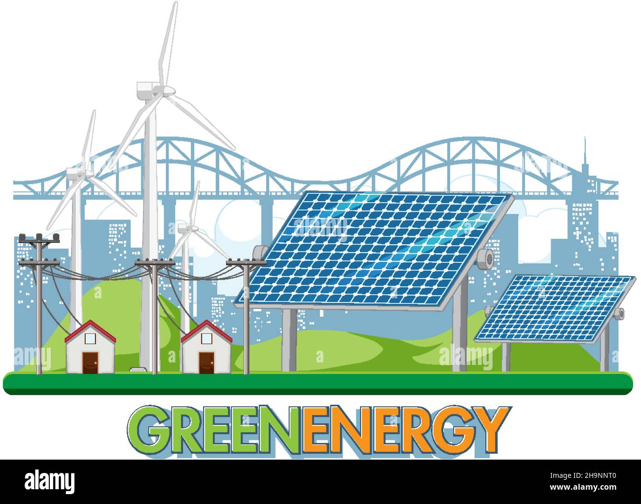 Green energy generated by wind turbine and solar panel illustration ...