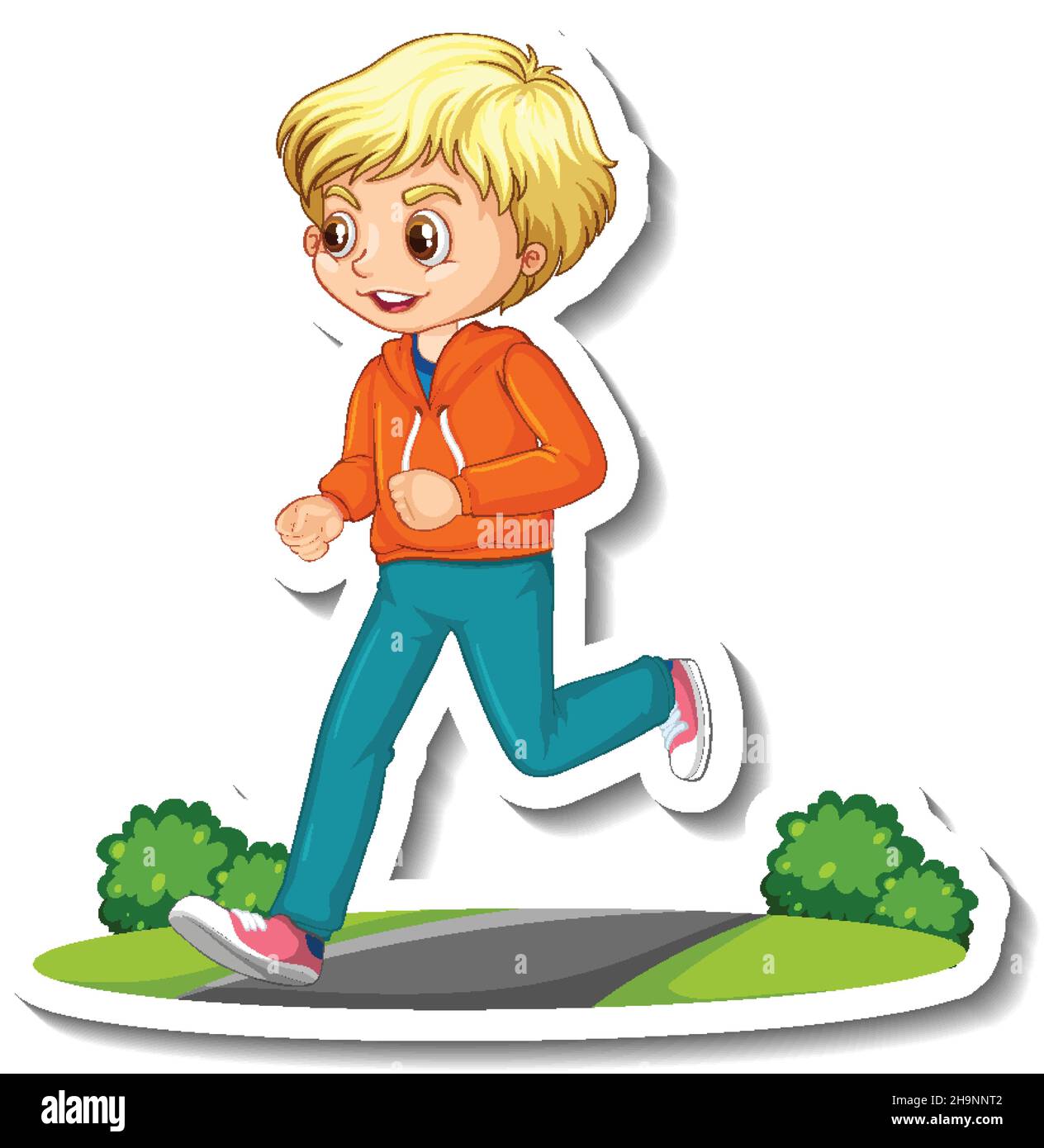 Cartoon character sticker with a boy jogging on white background ...