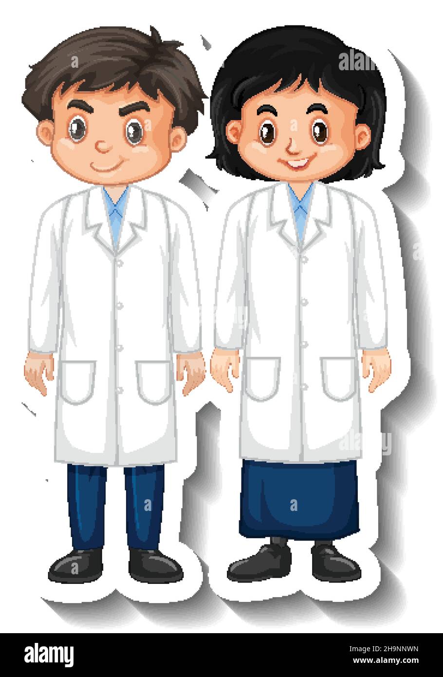 Scientist couple kids cartoon character sticker illustration Stock ...
