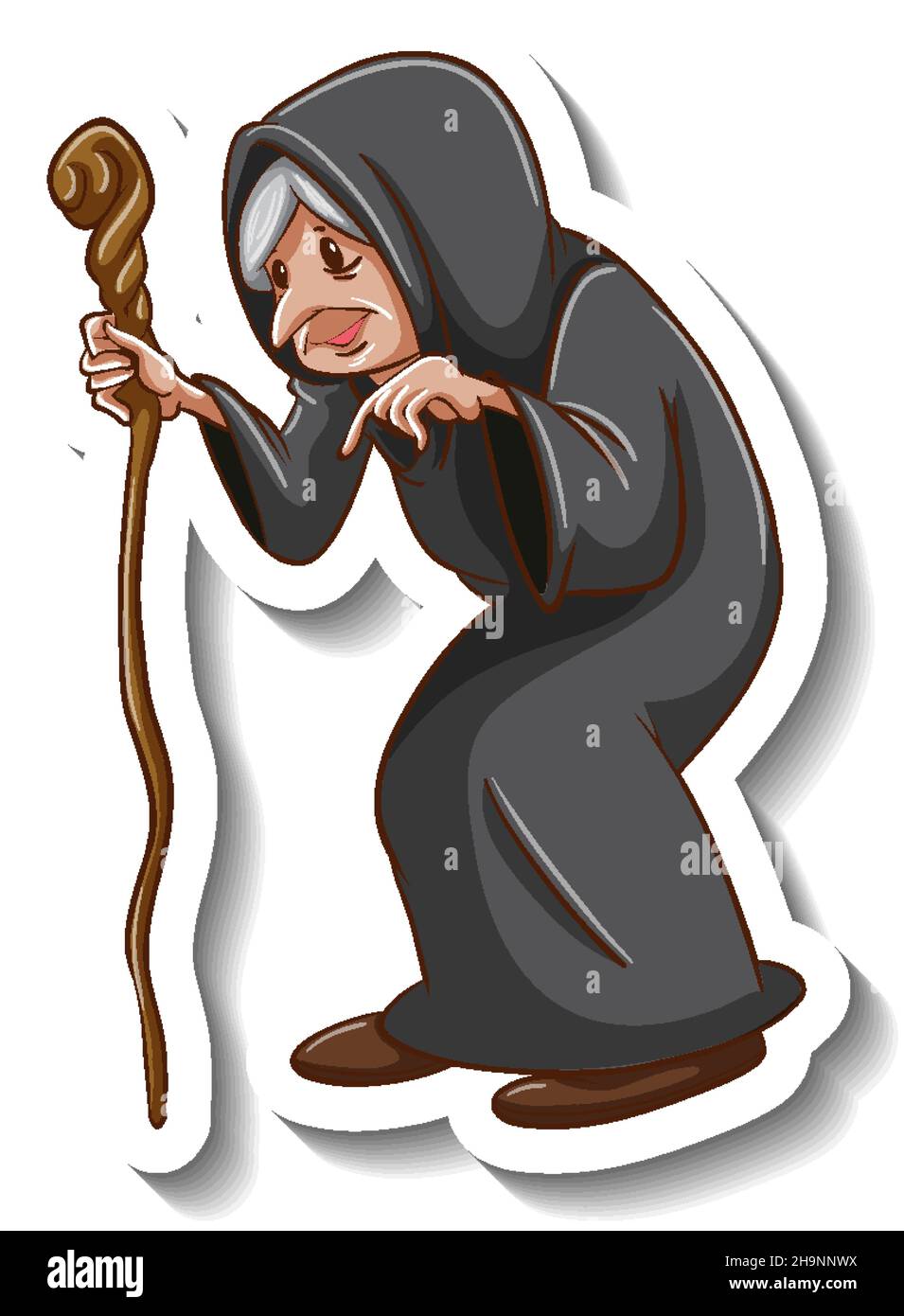 Old witch holding staff cartoon character sticker illustration Stock ...