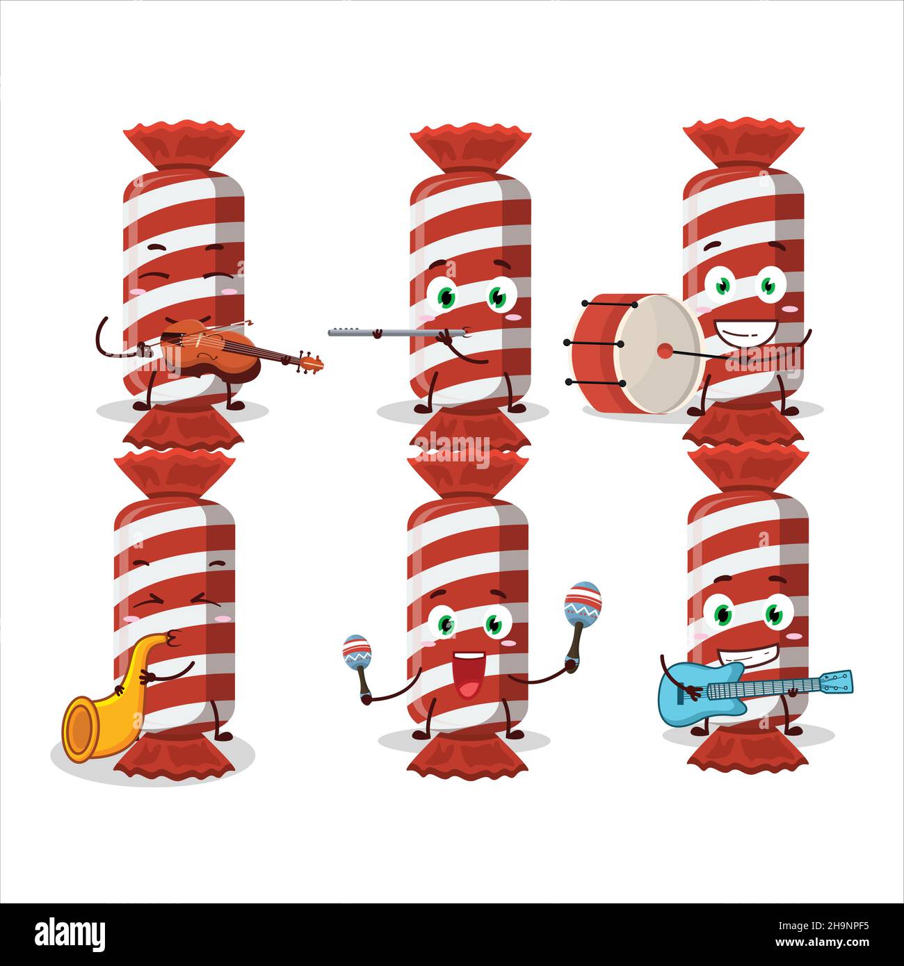 Cartoon character of red long candy package playing some musical ...