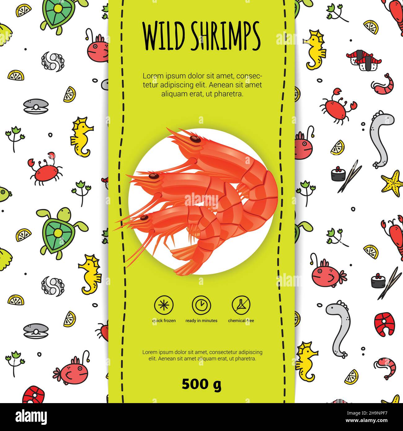 Seafood packaging design for wild shrimps with plate flat vector ...