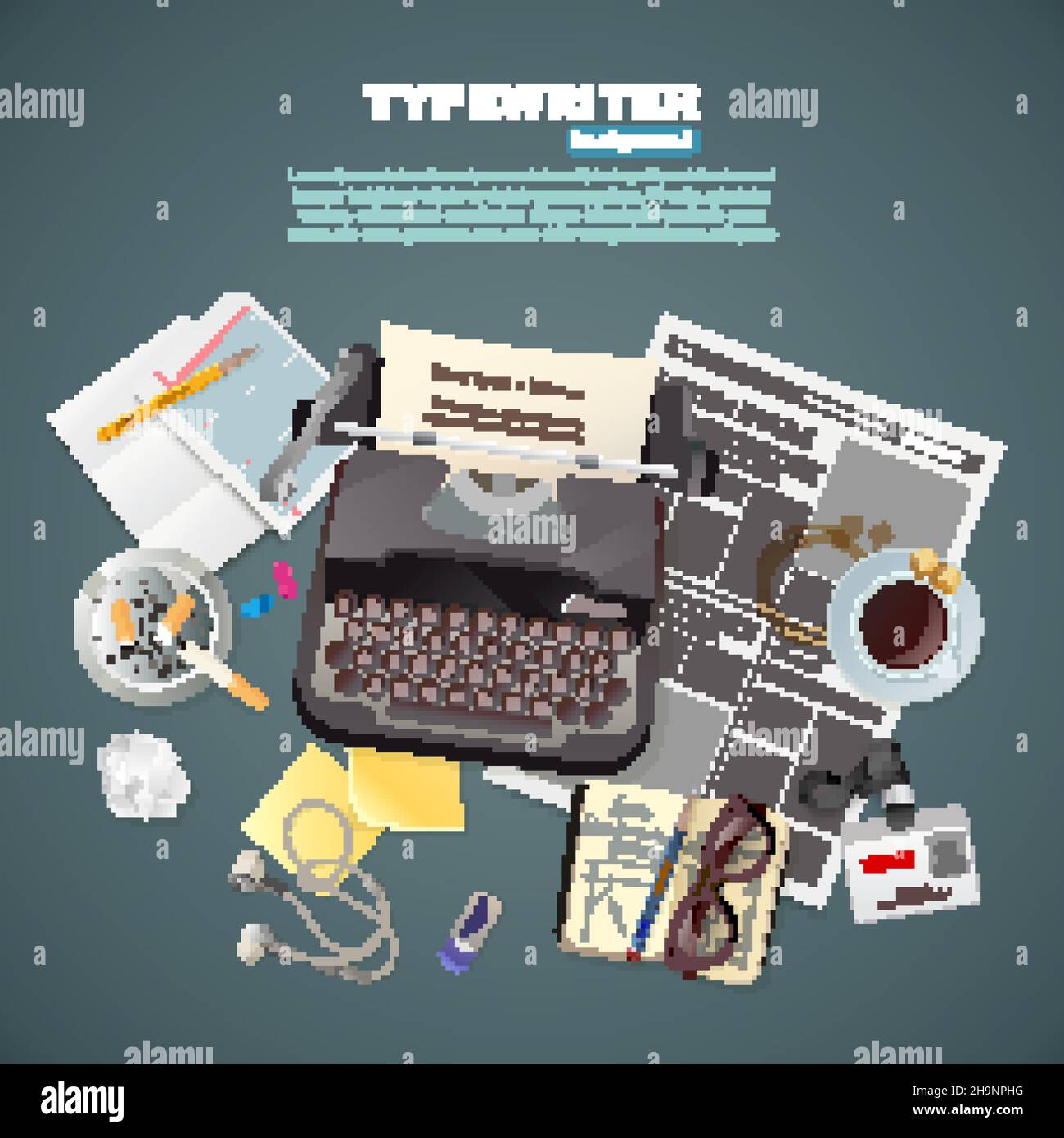 Flat background with journalist typewriter and different tools and ...