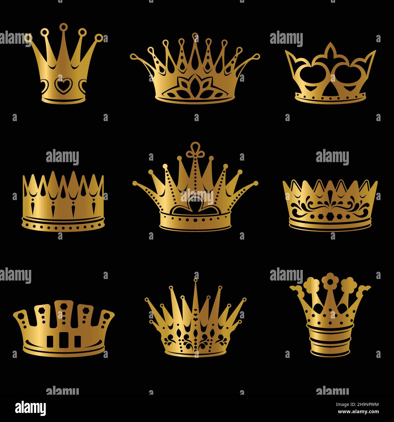Medieval gold royal crowns collection of different shapes on black ...